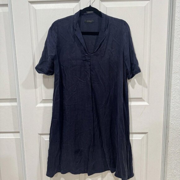 COS | Dresses | Womens Cos Blue Dress Size 36 Cupro V Neck Collar ...